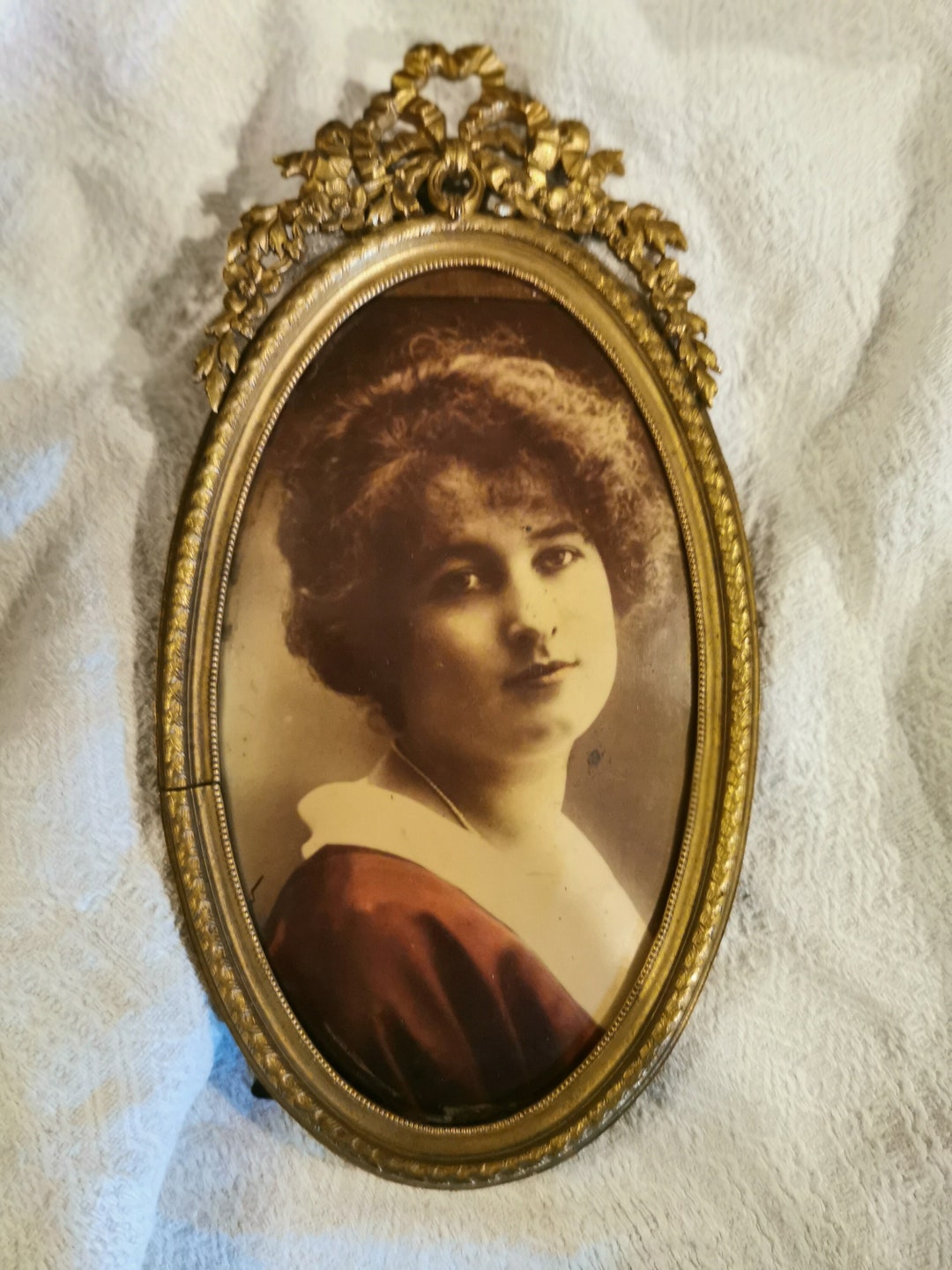 French Vintage, Tintype Portrait, Frame, Antique Bronze Frame, Ribbons ...