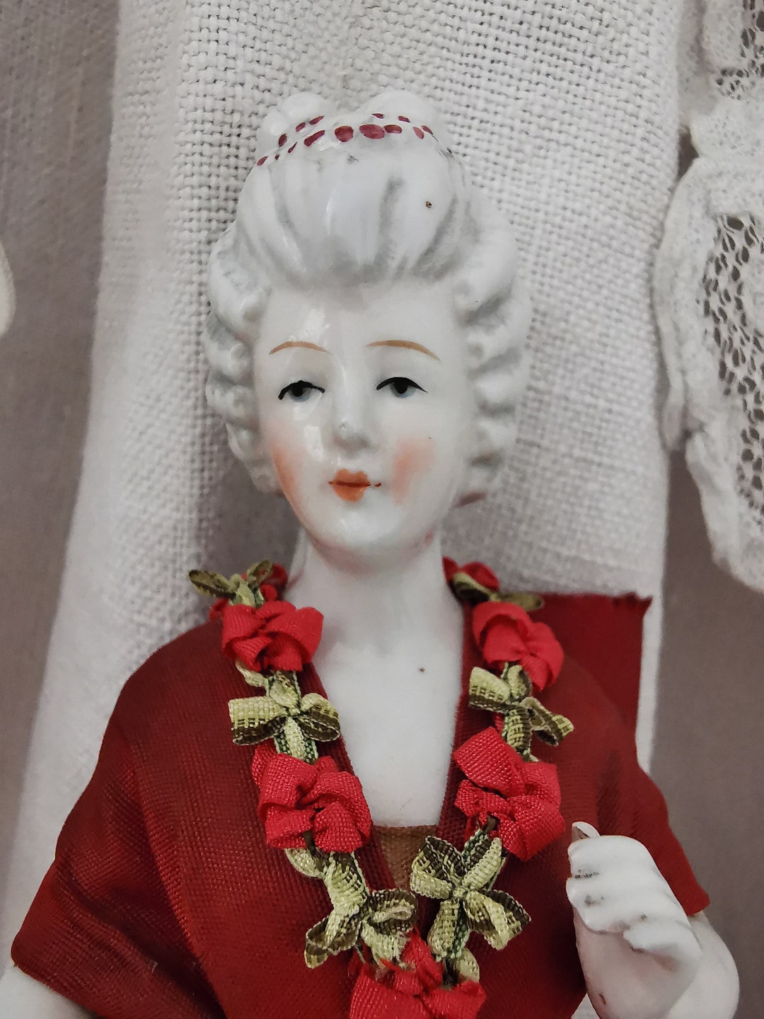 French Antique Half Doll, Porcelain Boudoir Dolls. Ribbon Work ...
