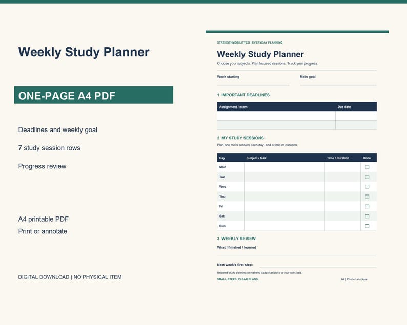 Weekly Study Planner Printable | Student Schedule, Deadlines & Progress ...
