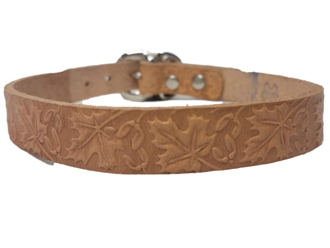 Maple Leaf Natural Tan Embossed Genuine Leather Dog Collar 5/8 Inch ...