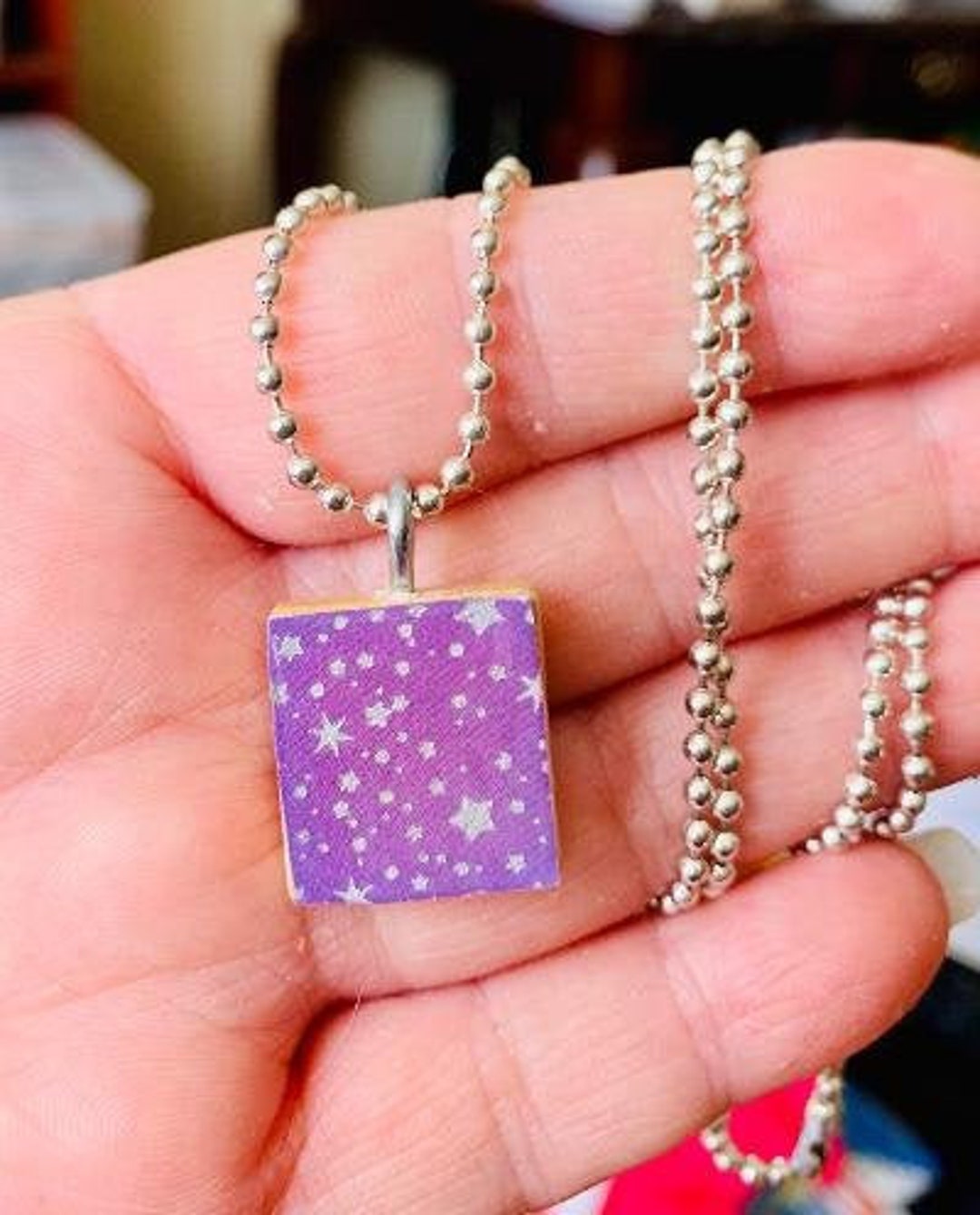 Purple Stars Scrabble Pendant With Silver Plated Ball Chain - Etsy