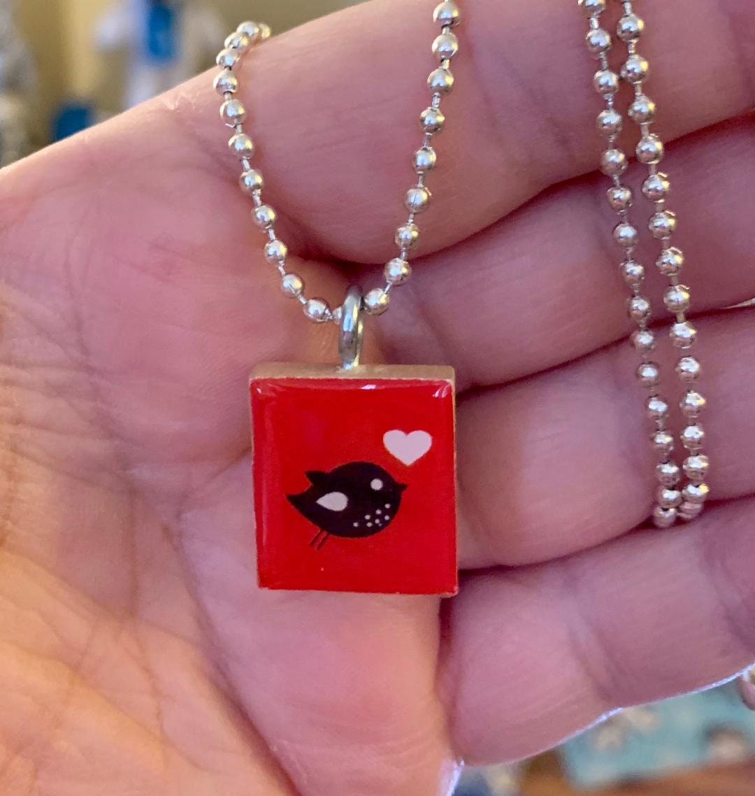 Bird With Heart Valentine's Day Scrabble Pendant With Silver Plated ...