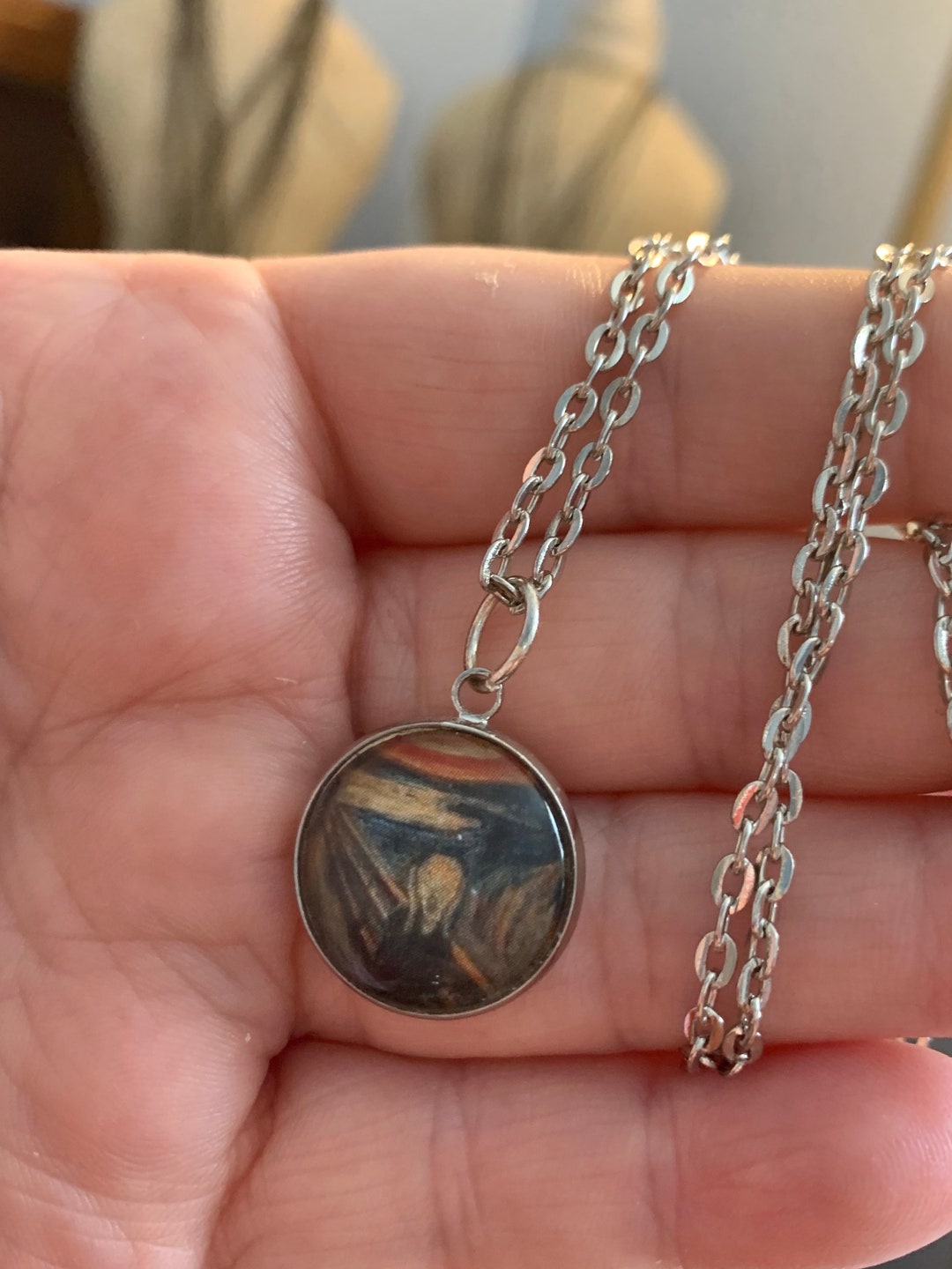 The Scream Edvard Munch Pendant With 24 Inch Antique Silver Rolo Chain ...