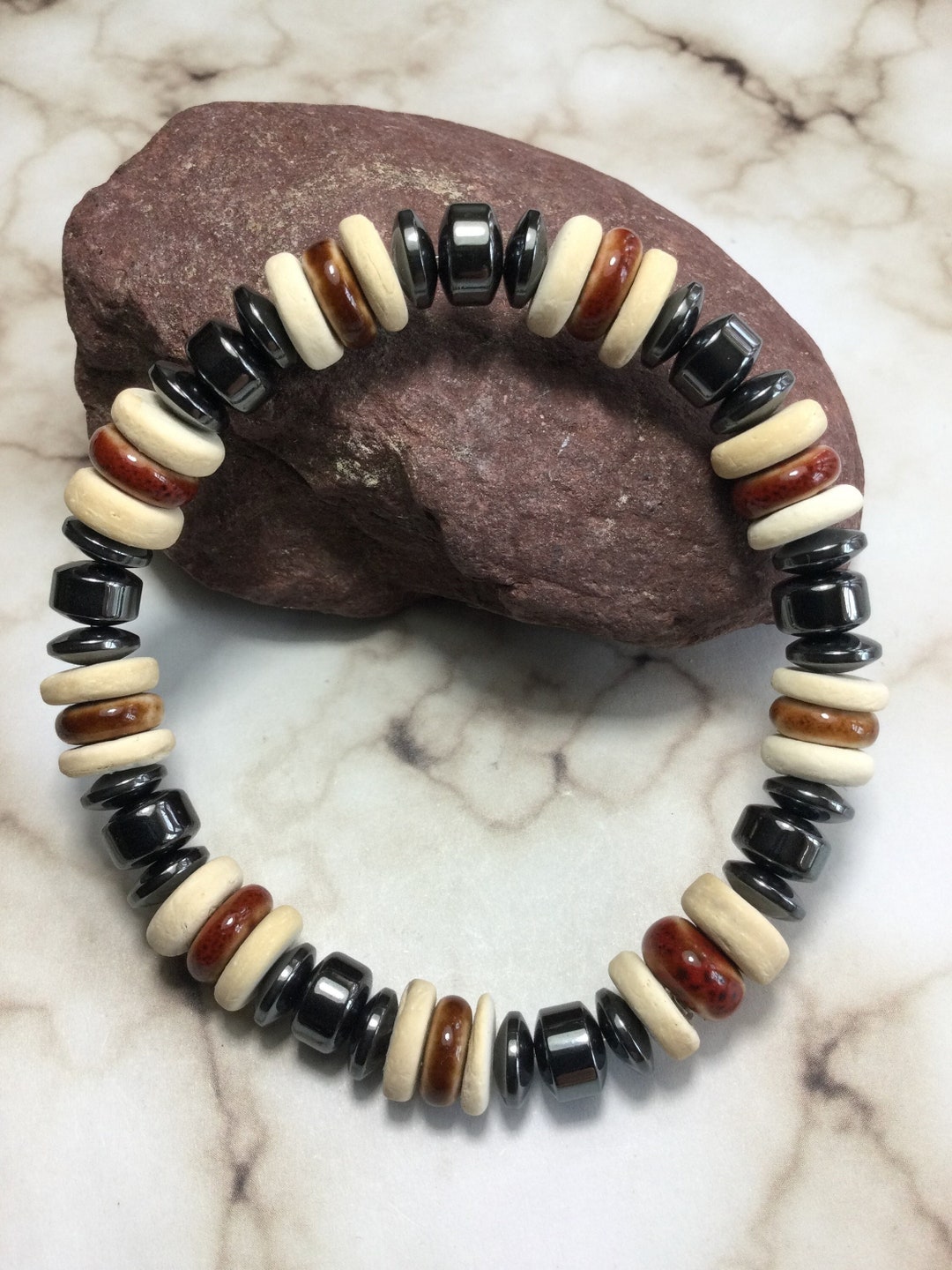 Healing Hematite Mens Bracelet/white Wood/ceramic Rondelles/beaded ...