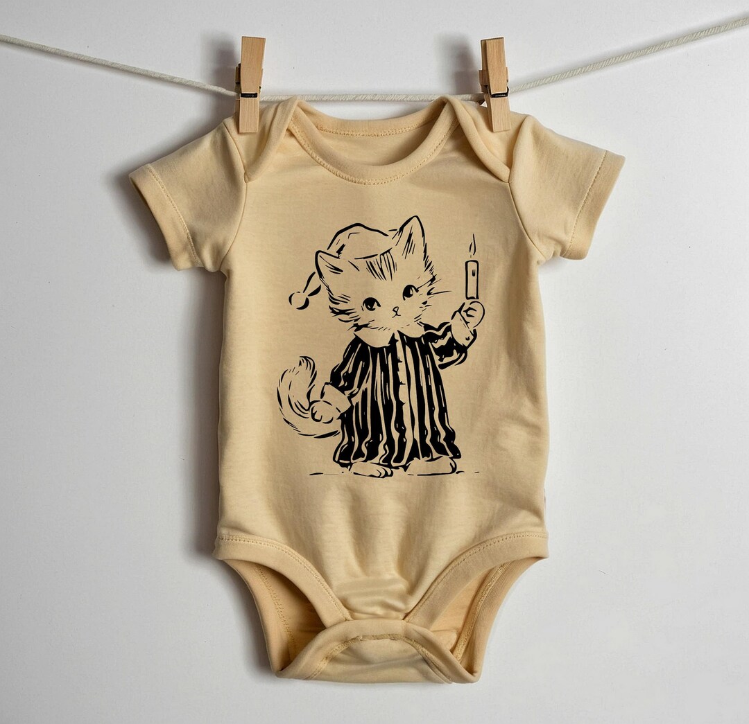 Vintage Cat in Nightgown, Sleepytime, Bedtime, Baby, Bodysuit, One ...
