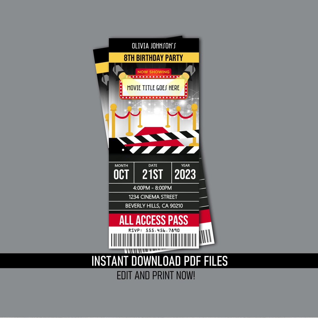 Movie Hollywood Ticket Invitations Birthday Party (instant Download ...