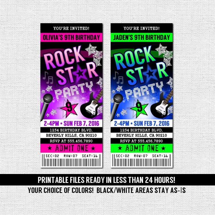 CONCERT TICKET INVITATION Rock Star Birthday Party - Any Age (print ...