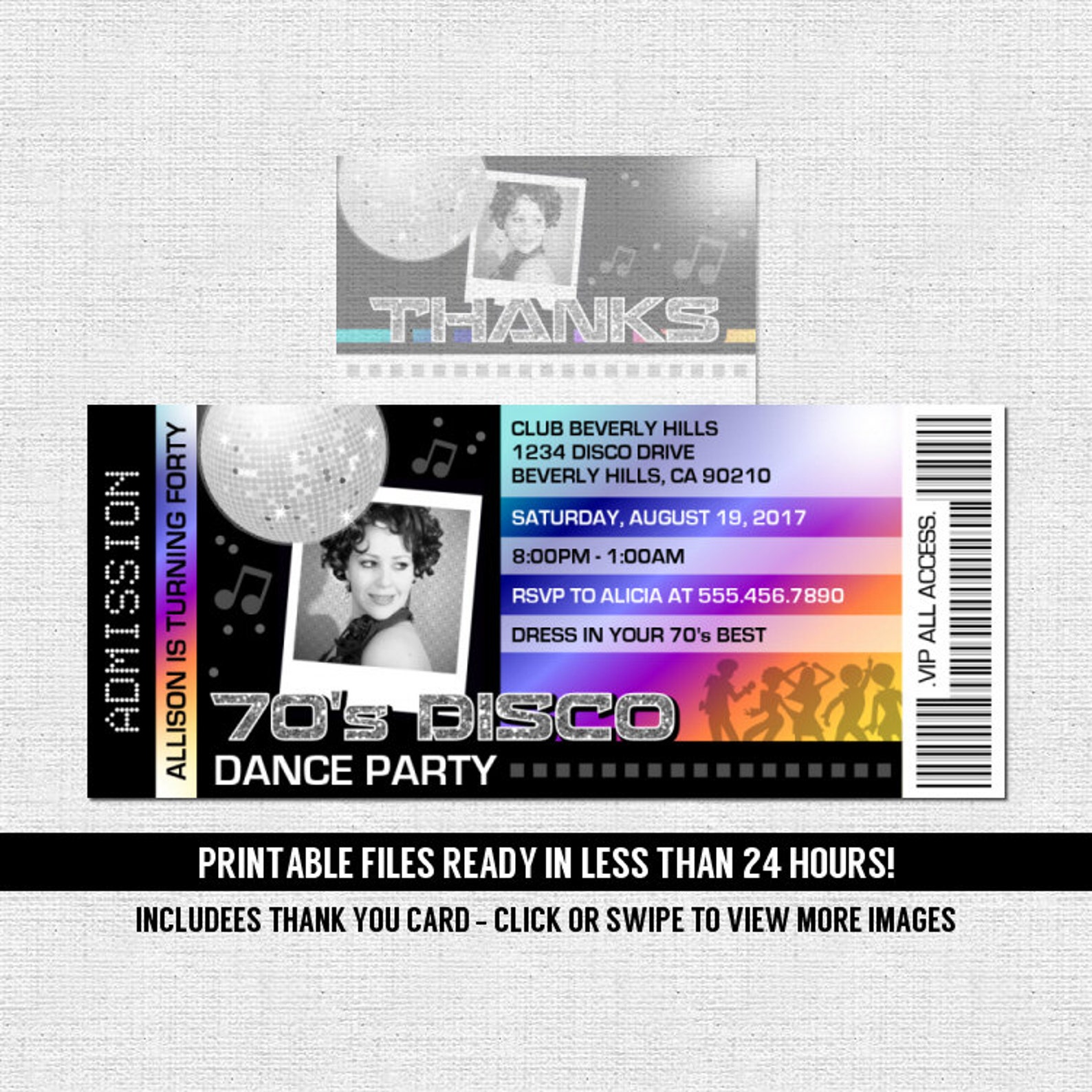 DISCO TICKET INVITATIONS 70's Dance Birthday Party + Free Thank You ...
