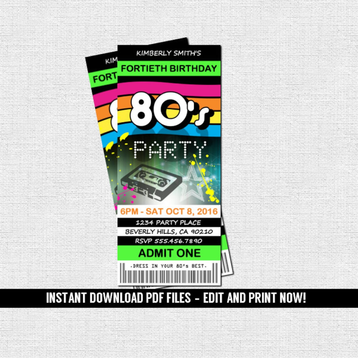 80's Ticket Invitations - 1980's Birthday Party - (instant Download ...
