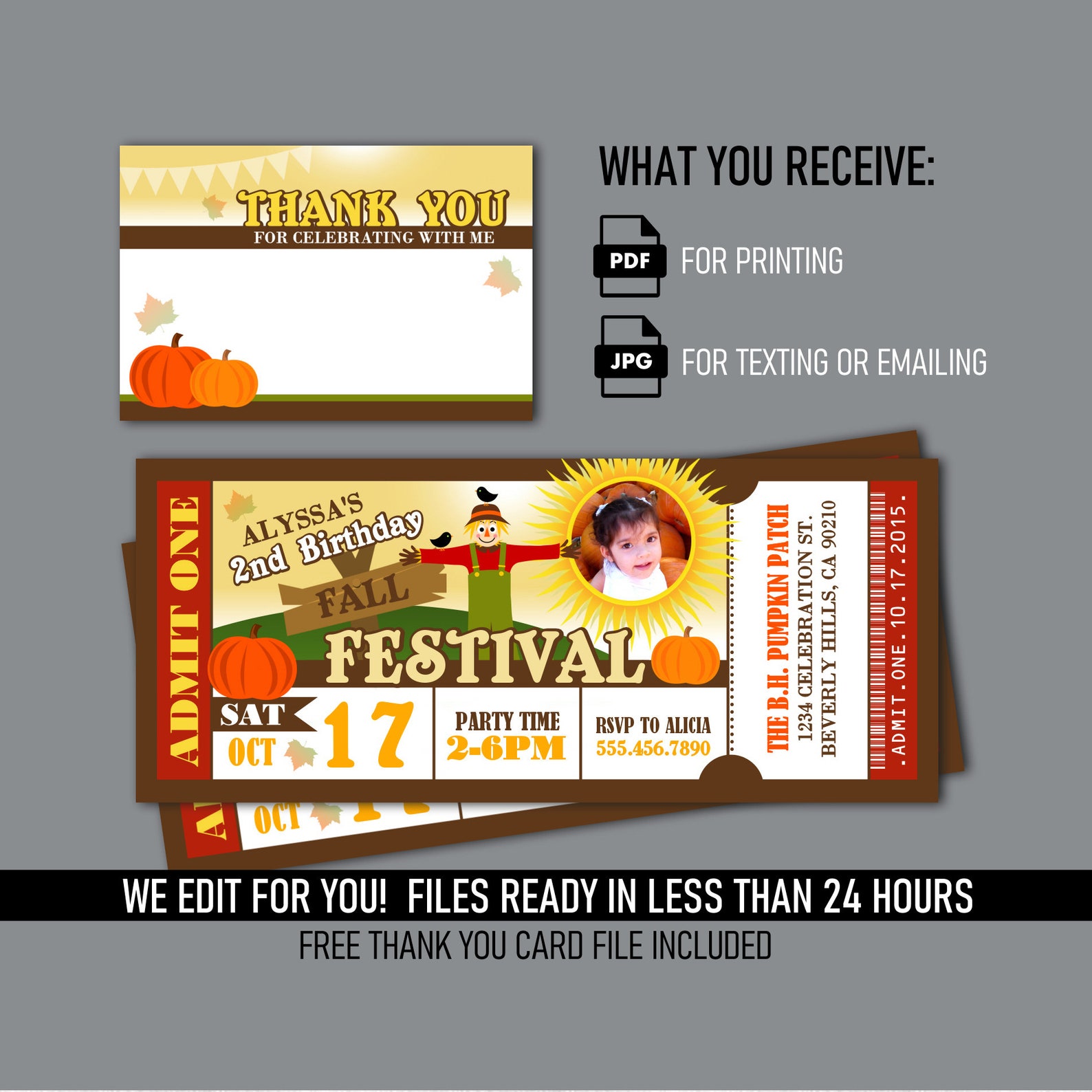 Fall Festival Ticket Invitations Pumpkin Harvest Birthday Fundraiser or ...