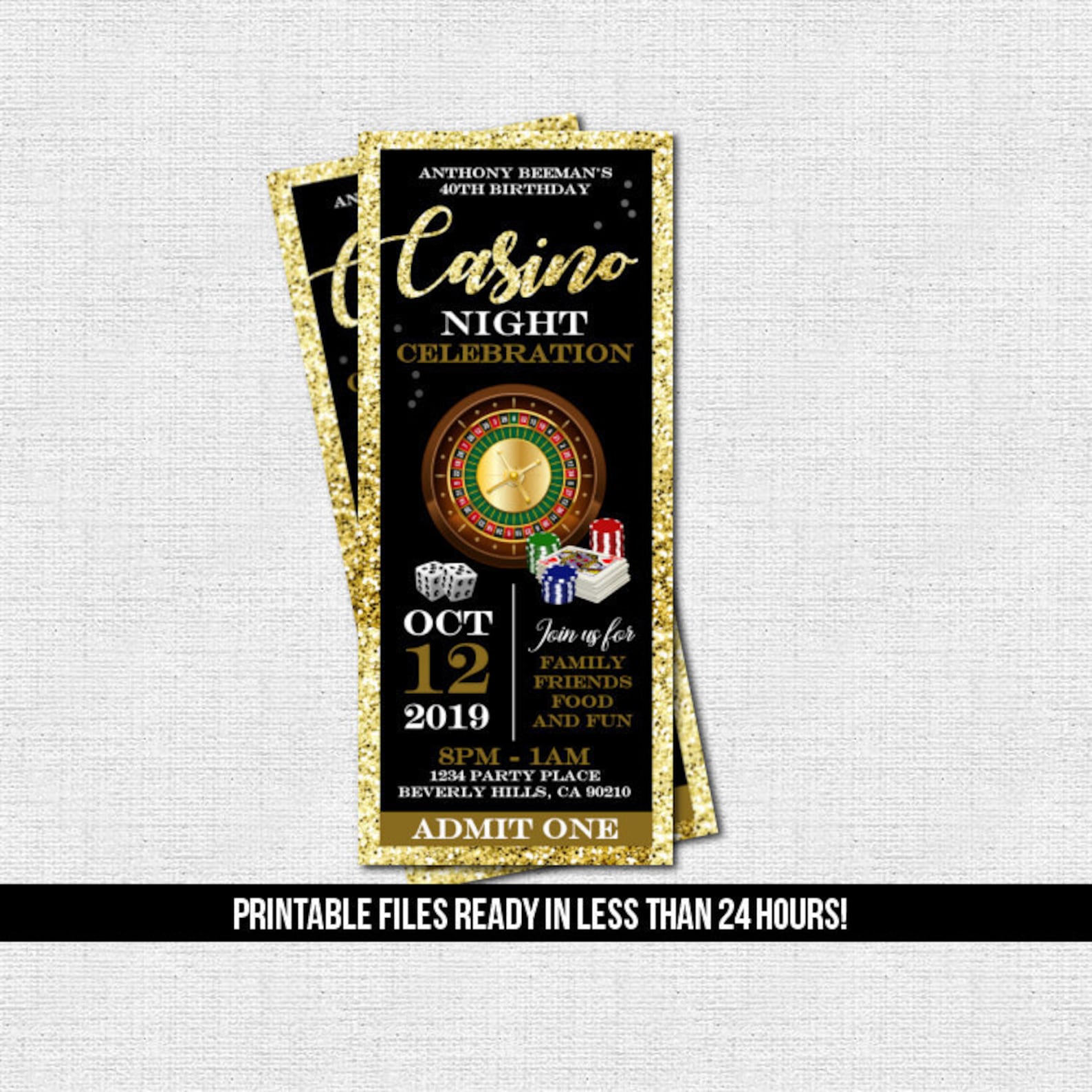 CASINO TICKET INVITATION Poker Night Birthday Party - Gold Glitter ...