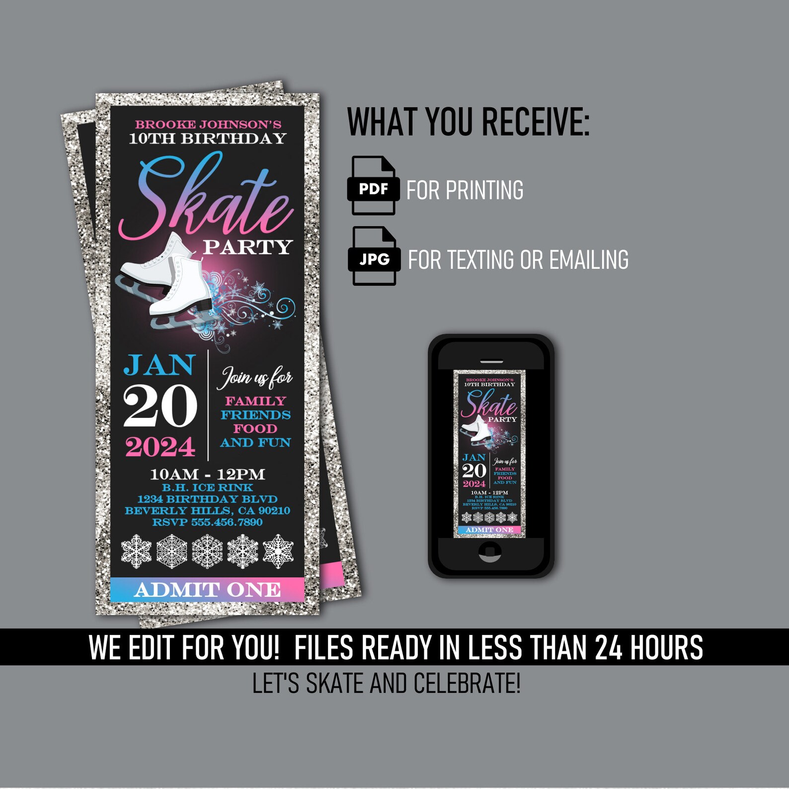Ice Skating Ticket Invitation Skate Birthday Party - Printable Digital ...