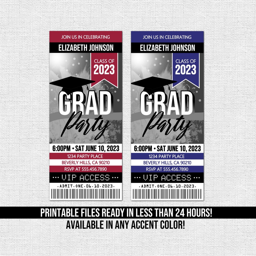 GRADUATION TICKET INVITATION Grad Party - Any Accent Color - Class of ...