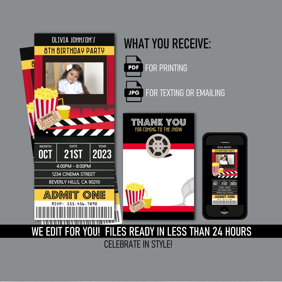 Movie Ticket Invitations Cinema Theater/theatre Birthday Party + Thank ...