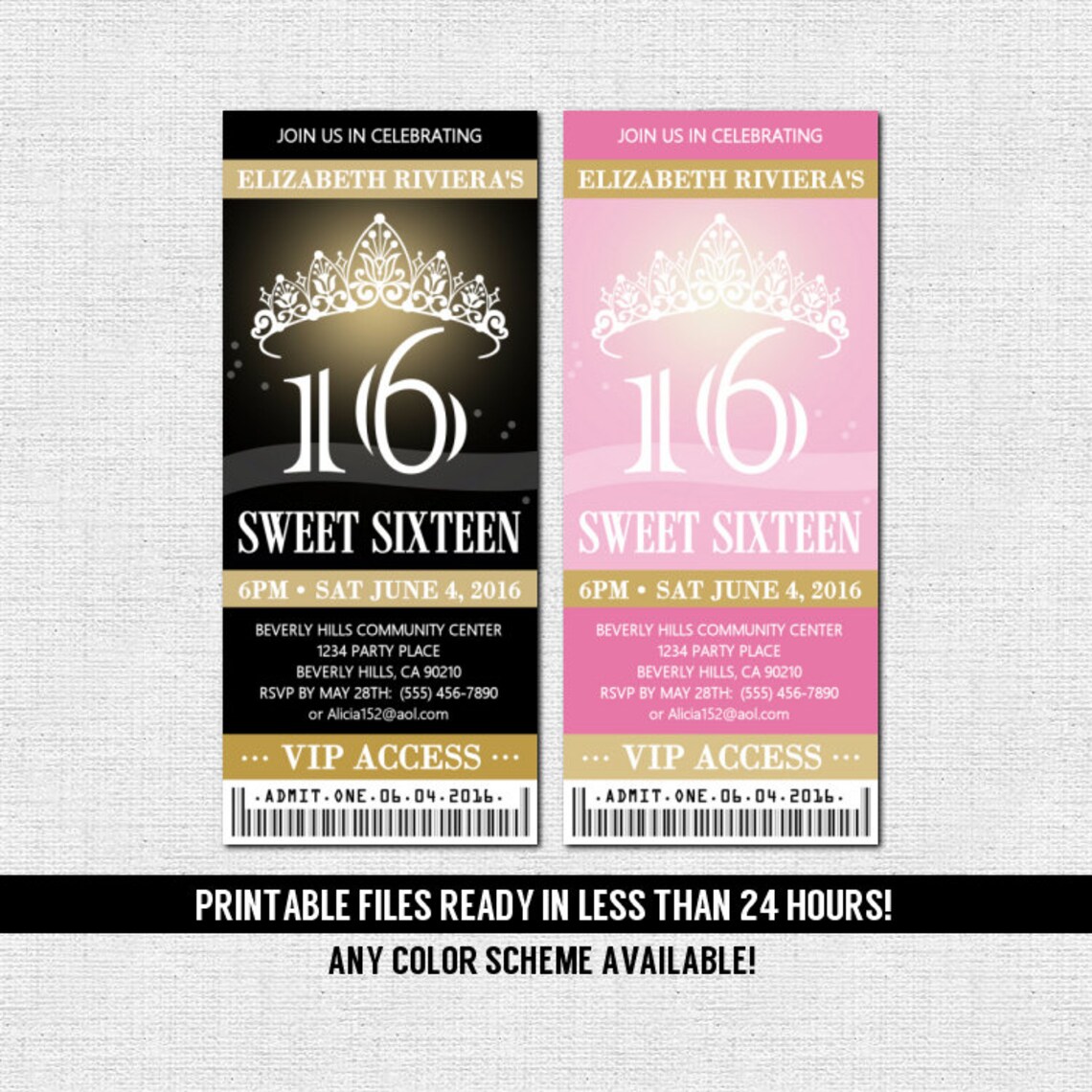 QUINCEANERA or SWEET 16 TICKET Invitations - Any Color Scheme (print ...