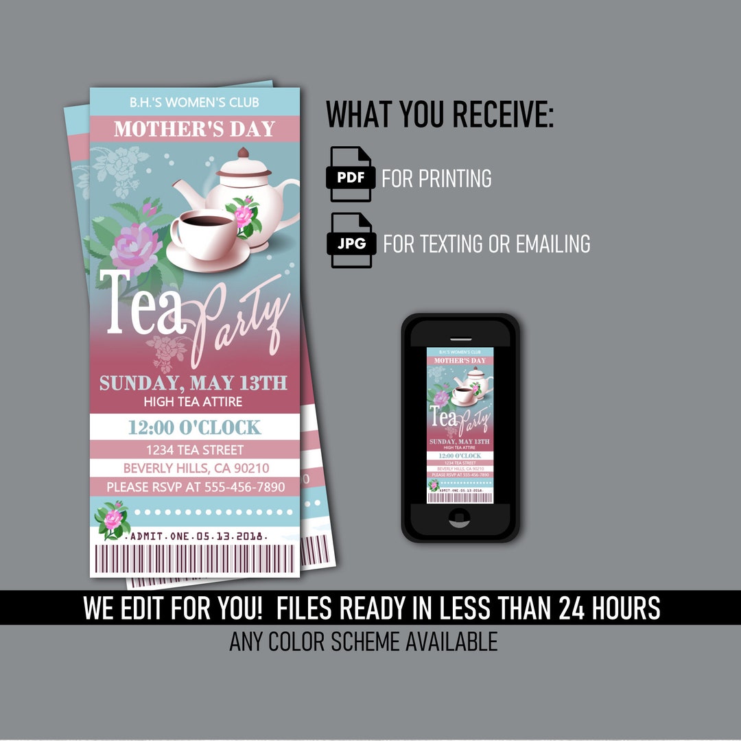 Tea Party Ticket Invitation - Printable Digital Files - Mobile Text or ...