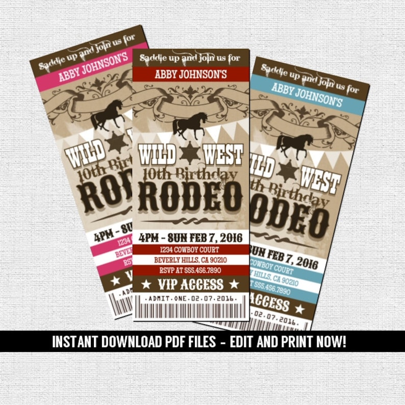 Western Rodeo Ticket Invitation Birthday Party Cowboy Cowgirl - Etsy