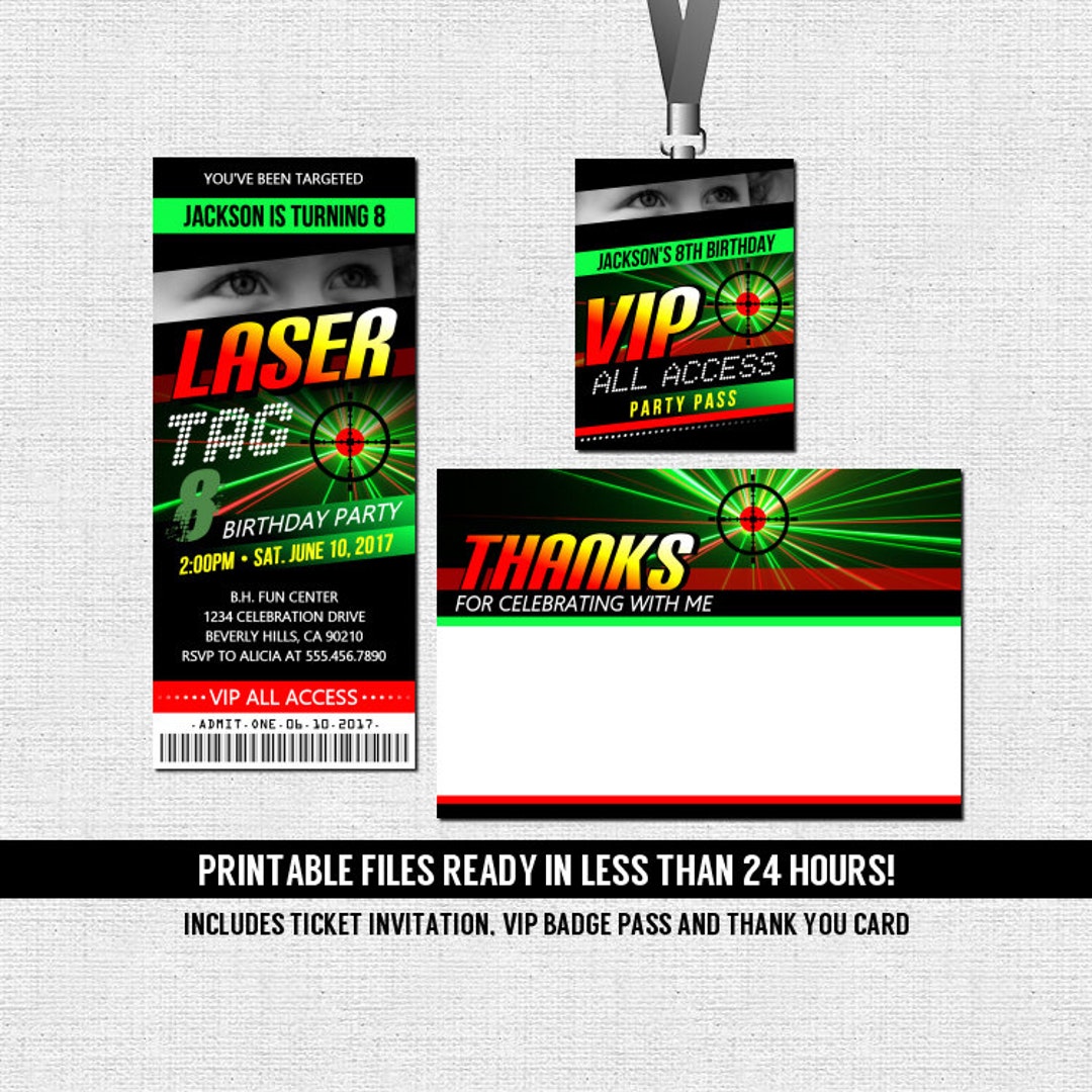 Laser Tag Birthday Party Ticket Invitation + Thank You Card + VIP Pass ...
