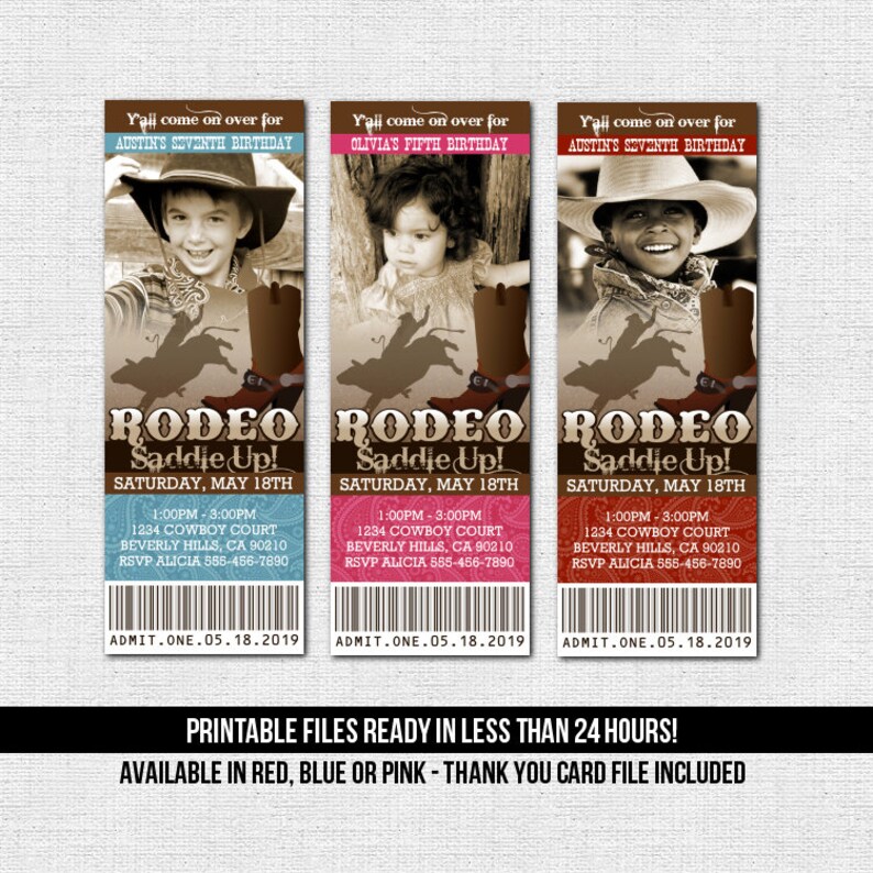 WESTERN TICKET INVITATIONS Rodeo Birthday Party Cowboy or Cowgirl ...