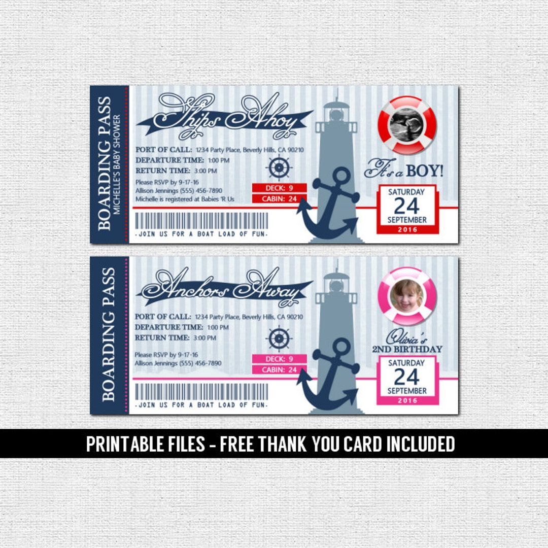 NAUTICAL BOARDING PASS Invitations Thank You Card Birthday or Baby ...