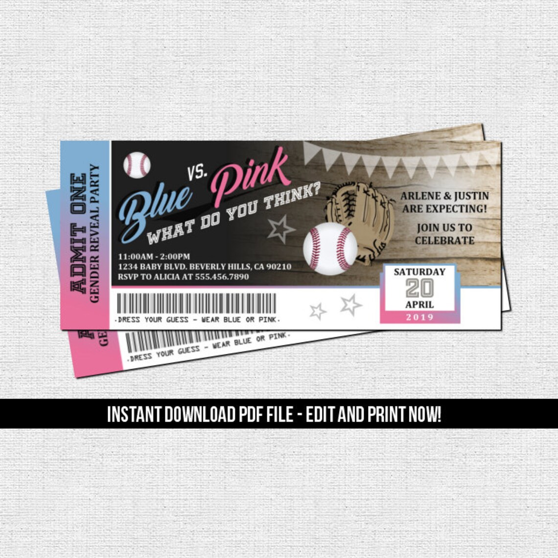 Baseball Gender Reveal Ticket Invitation Baby Shower Party (instant ...