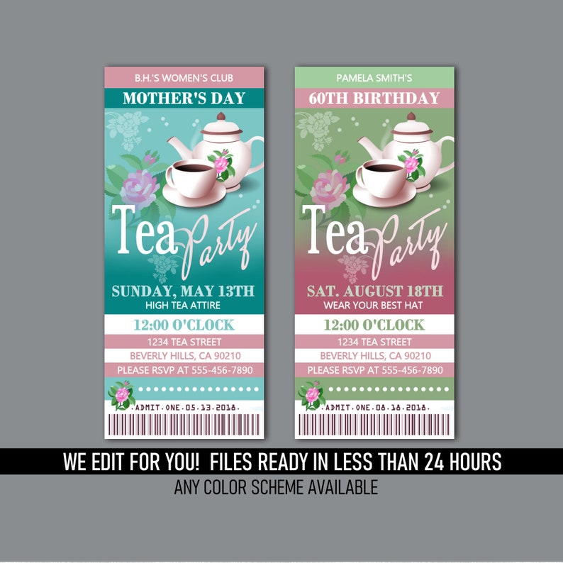 Tea Party Ticket Invitation - Printable Digital Files - Mobile Text or ...