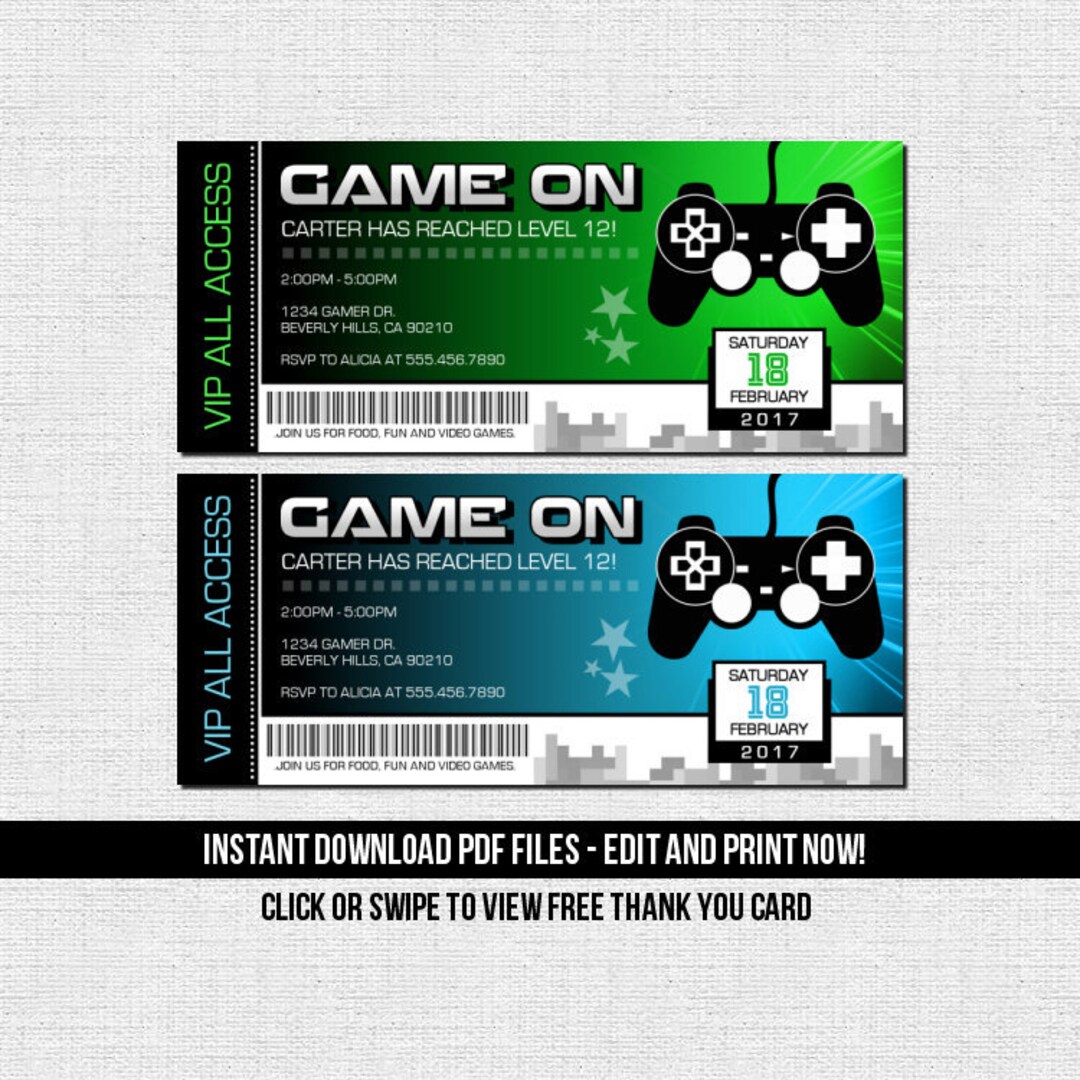 Video Game Ticket Invitations Birthday Party instant Download Editable ...