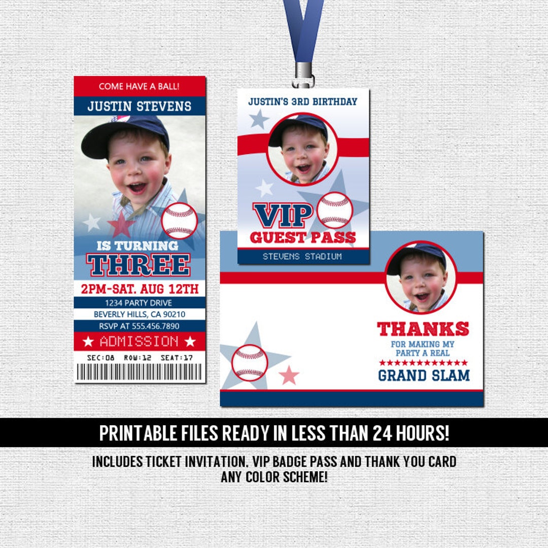 Baseball Ticket Invitation Birthday Party Thank You Card VIP Pass Badge ...