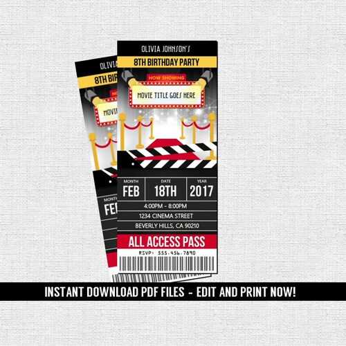 Movie Hollywood Ticket Invitations Birthday Party instant - Etsy