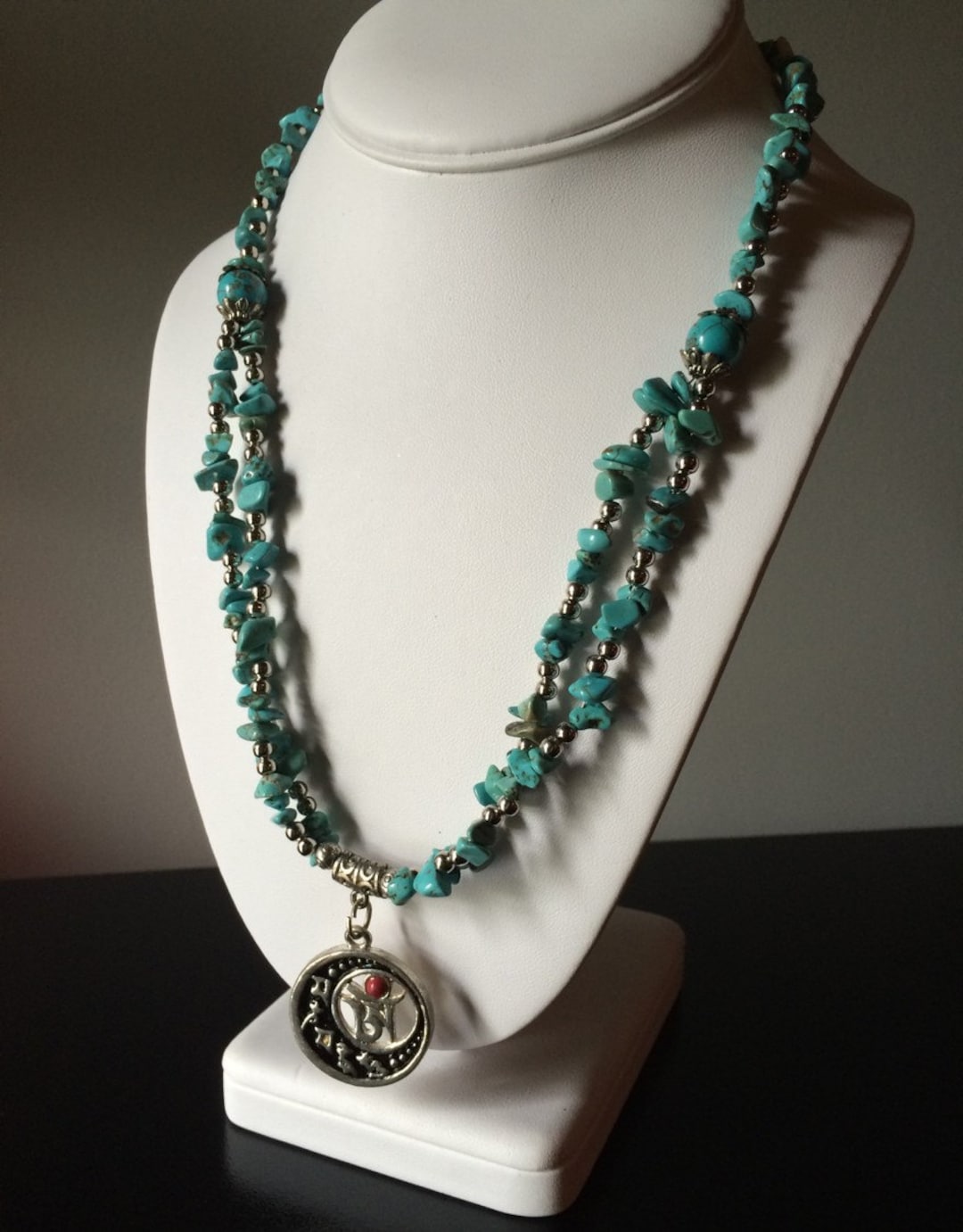 Turquenite Gemstone Beaded Medallion Pendant Necklace Turquoise ...