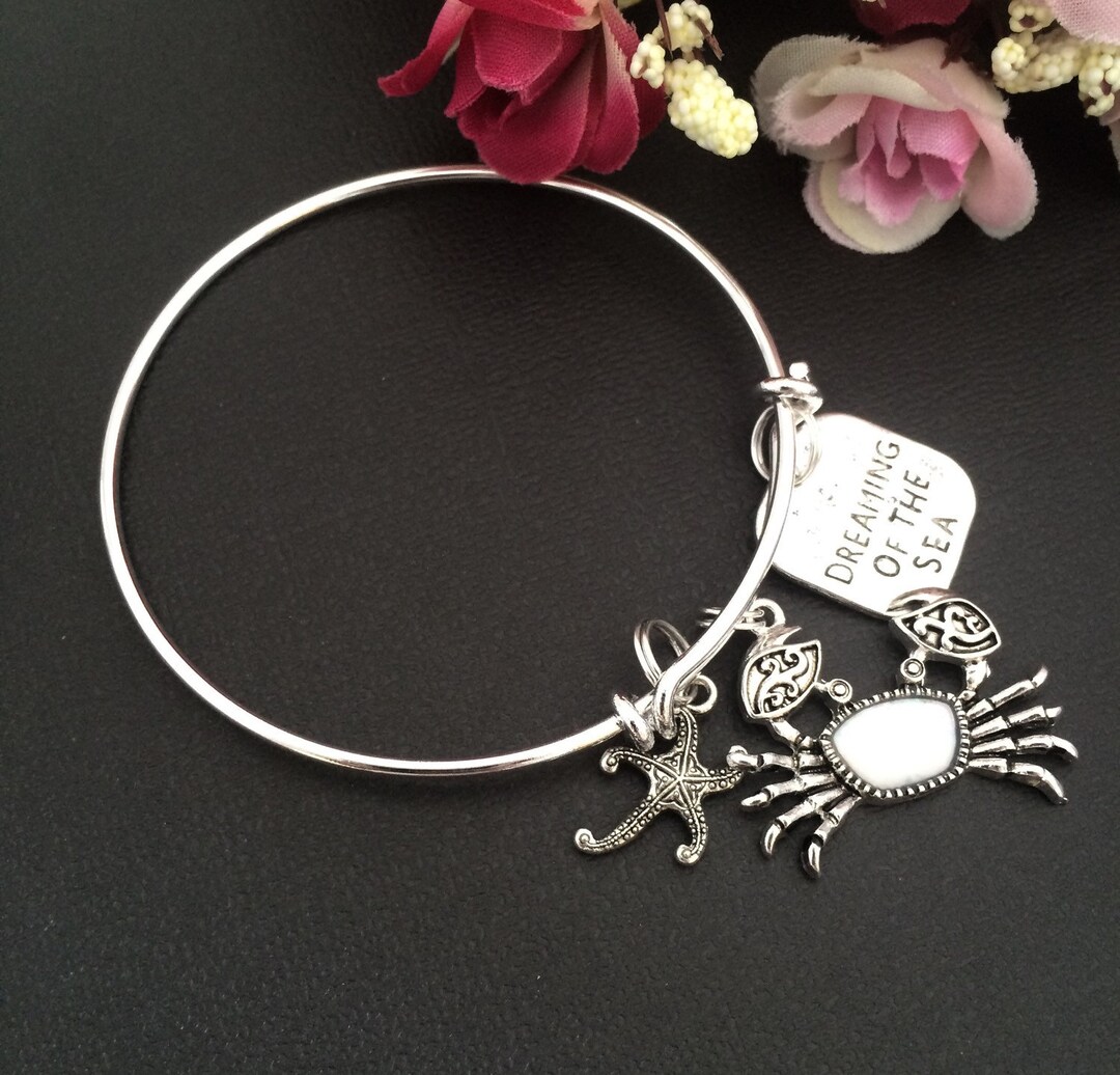 Ocean Charm Bracelet, Mother of Pearl Crab Bangle, Nautical Bracelet ...