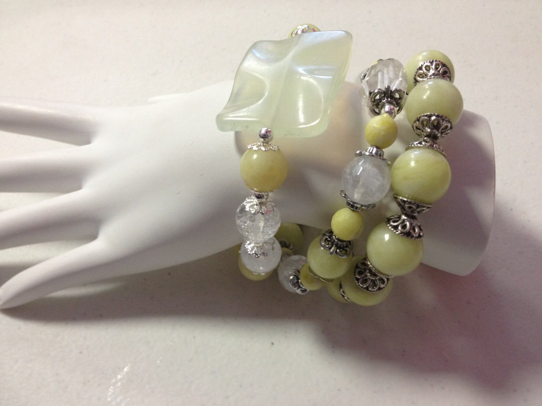 Lemon Jade, New Jade & Crystal Gemstone Bead Bracelet Set, Beaded ...