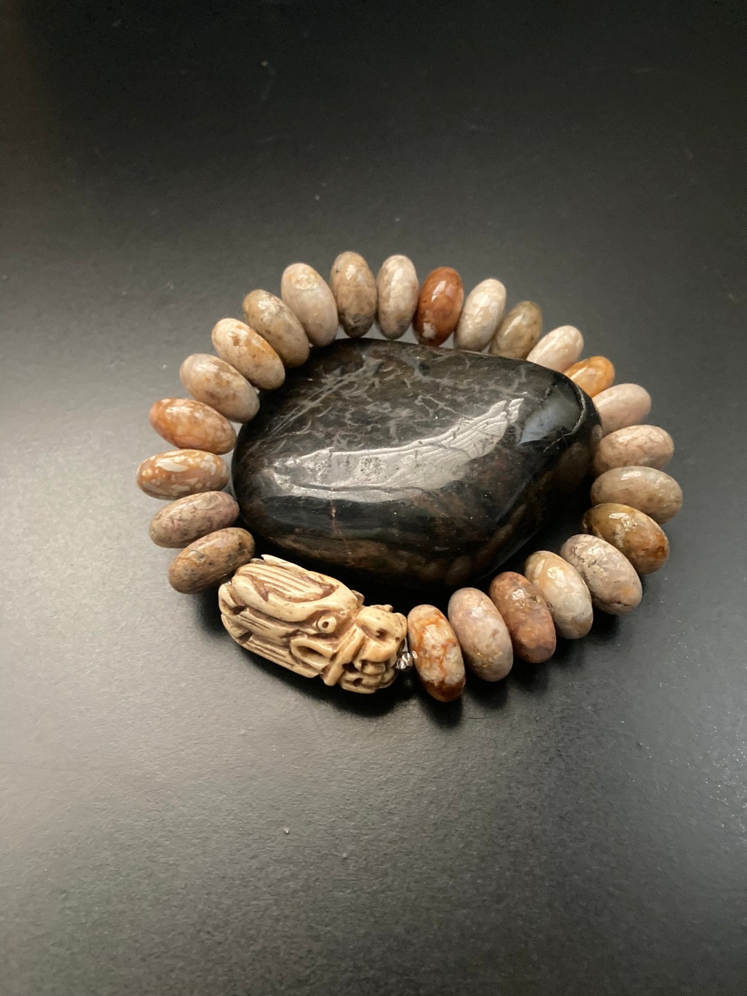 Carved Bone Dragon Head Bead With Neutral Colors Picture Jasper Unique ...