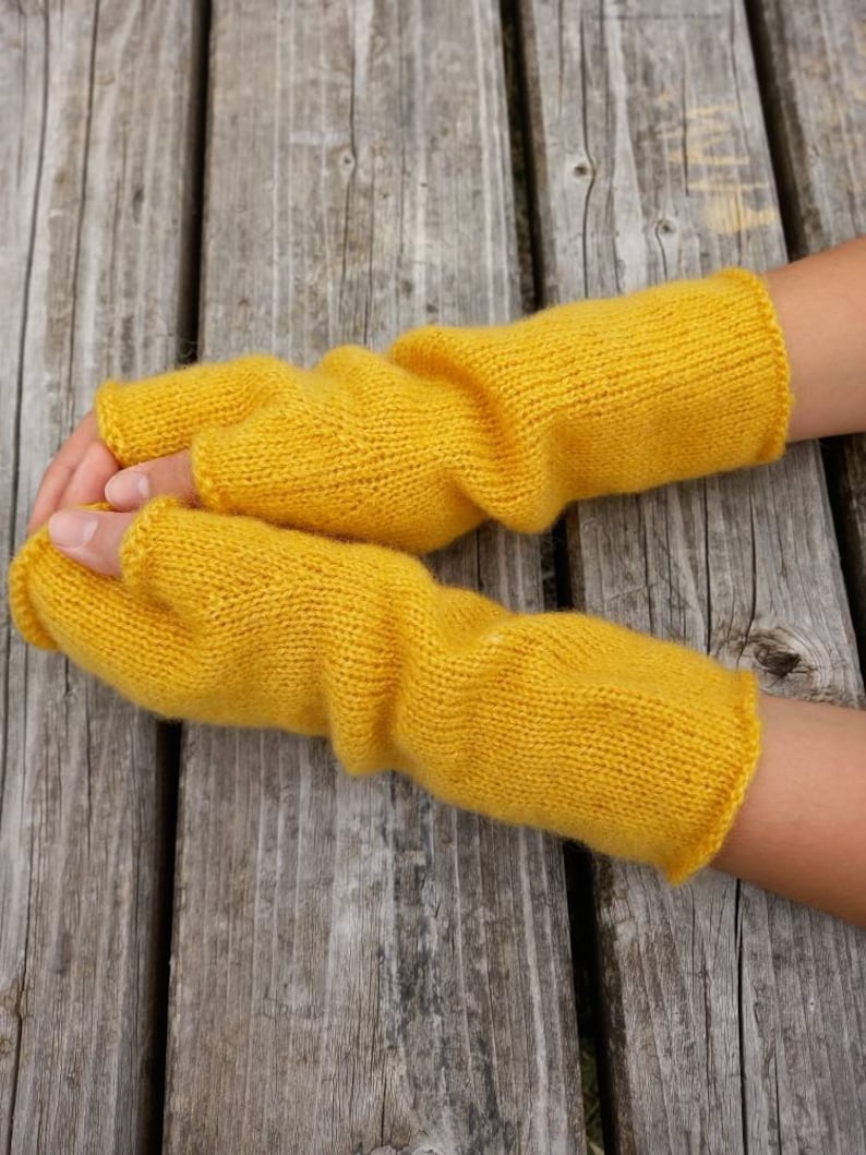 Loose Yellow Mittens Sleeves, Long Arm Warmers, Mohair Fingerless ...