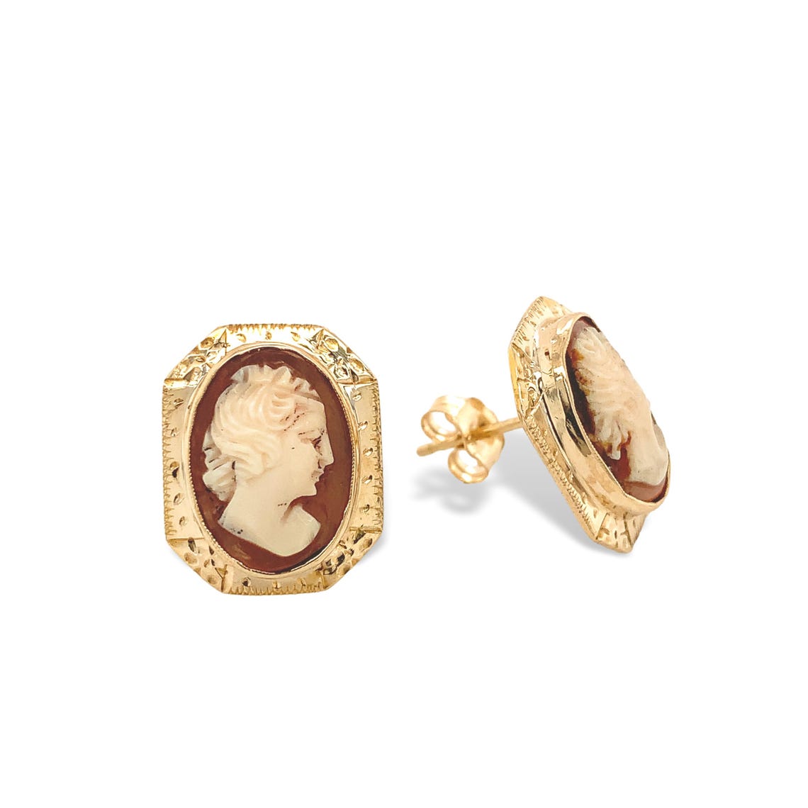 A Pair of 14k Gold Genuine Shell Cameo Earrings W/ Hand Engraved Frame ...