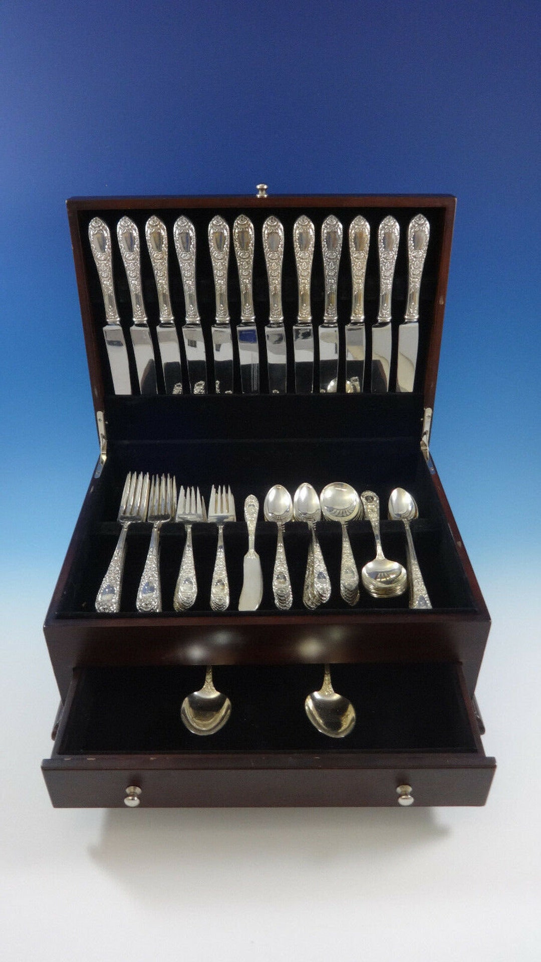 Rose by Kirk Sterling Silver Dinner Size Flatware Set for 12 Service 86 ...