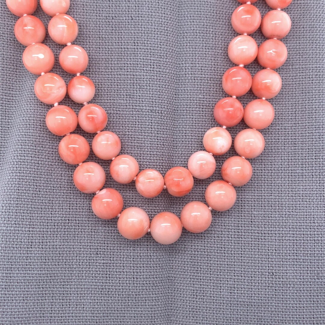 Genuine Coral Bead Double Strand Necklace 7-8mm Beads W/ 14k Gold Clasp ...