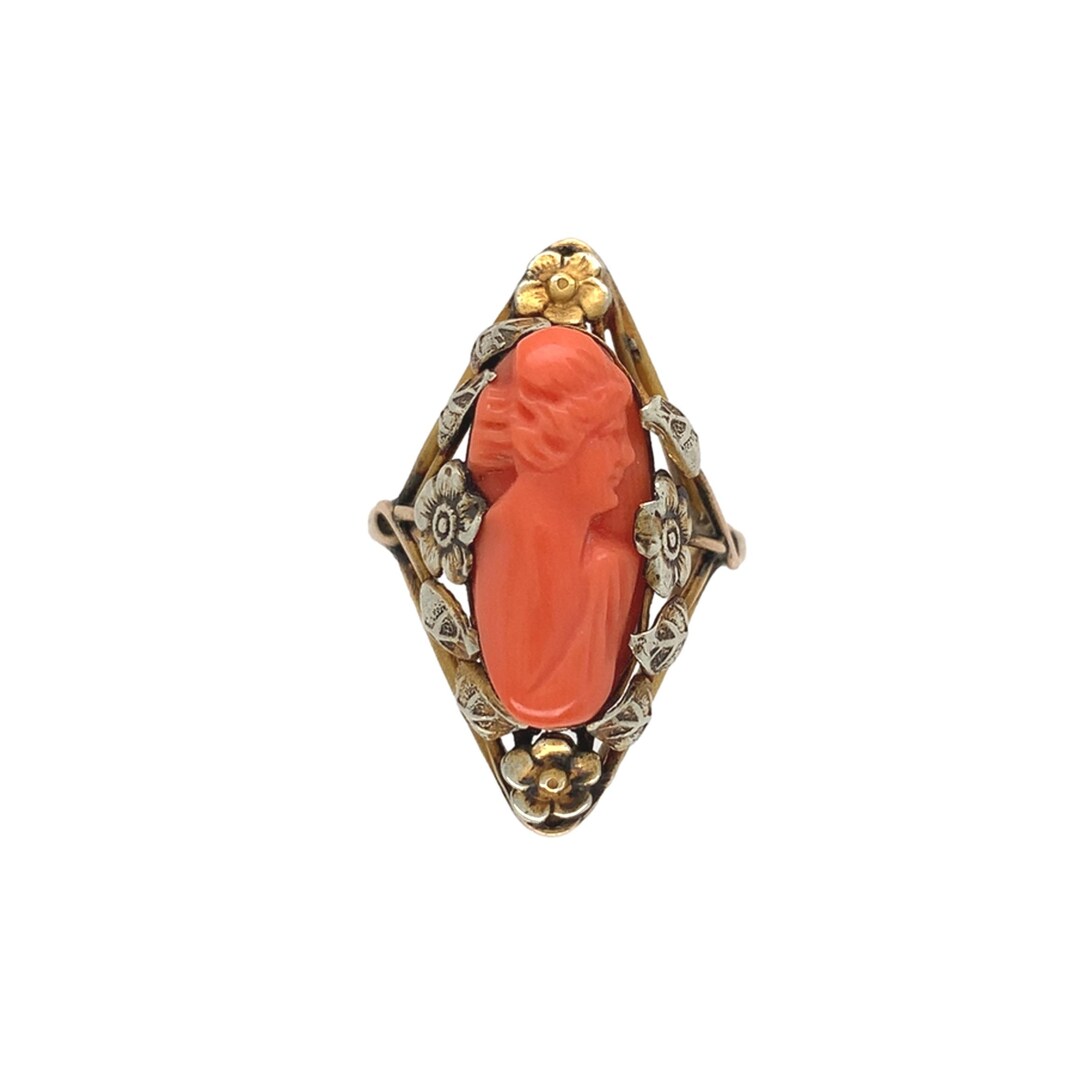 14k Gold Arts and Crafts Genuine Coral Cameo Ring Handwrought Flowers ...