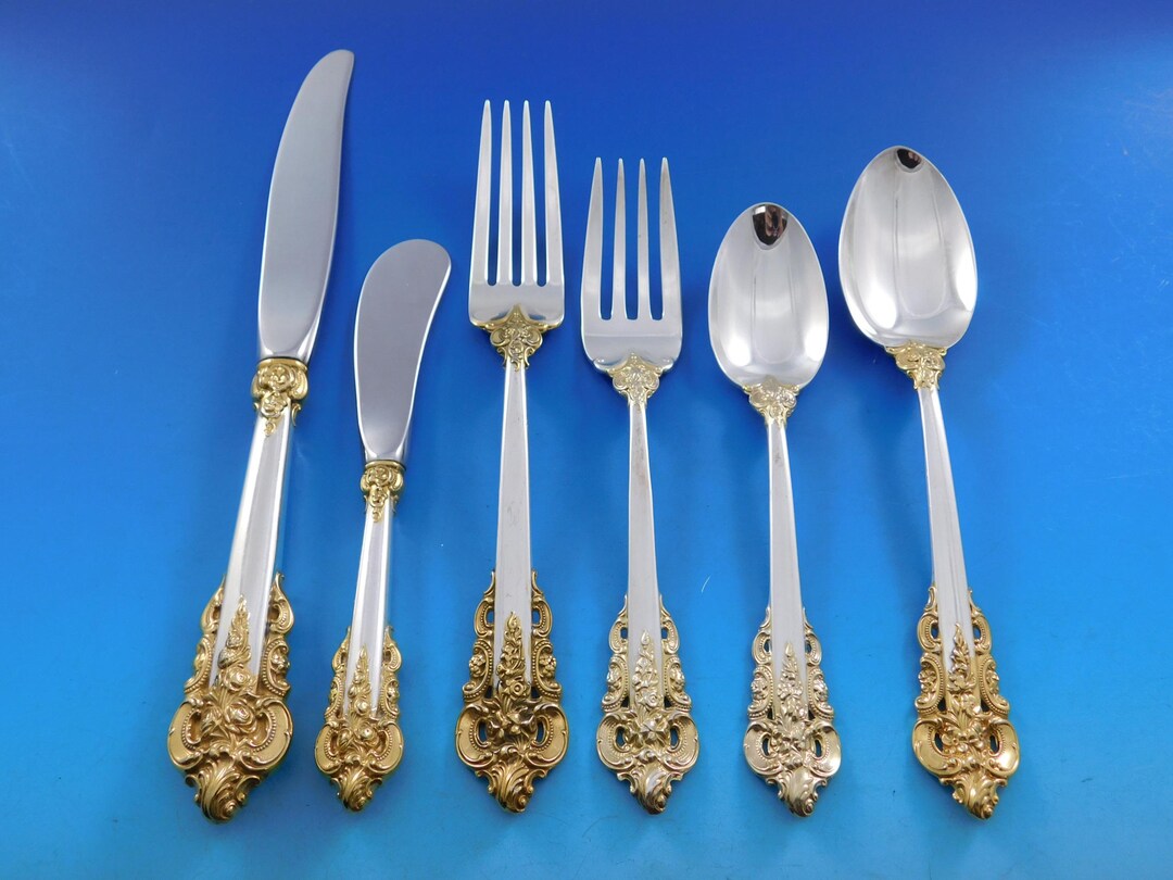 Grande Baroque Gold Accent by Wallace Sterling Silver Flatware for 12 Set 79 Pcs - Etsy