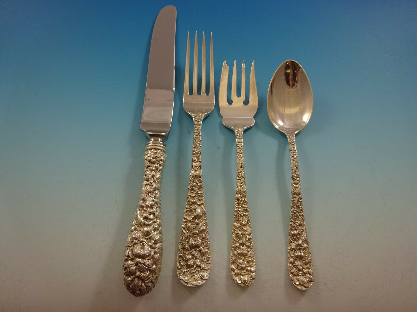 Rose by Stieff Repousse Sterling Silver Flatware Set Service 52 Pieces ...