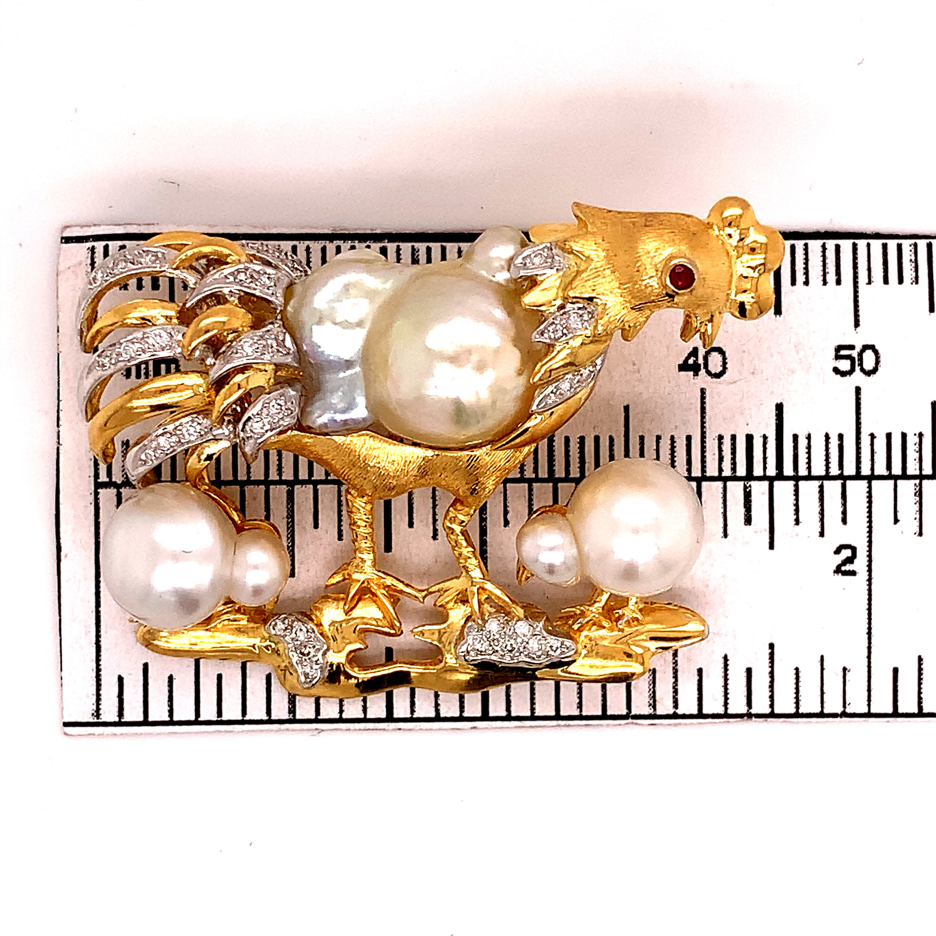 18k Yellow Gold Chicken and Chicks Pin with South Sea Pearls | Etsy