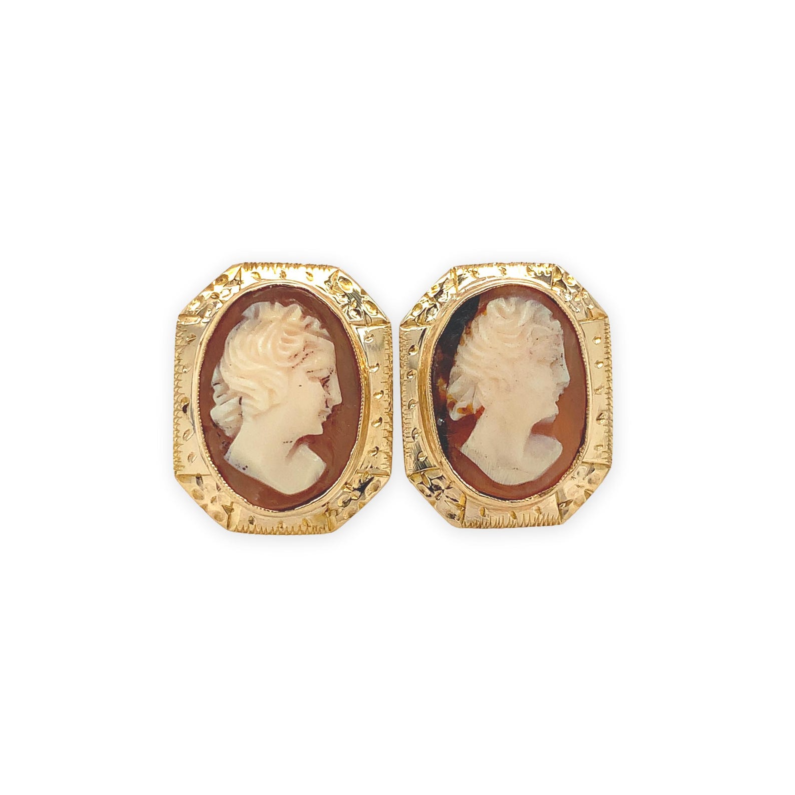A Pair of 14k Gold Genuine Shell Cameo Earrings W/ Hand Engraved Frame ...