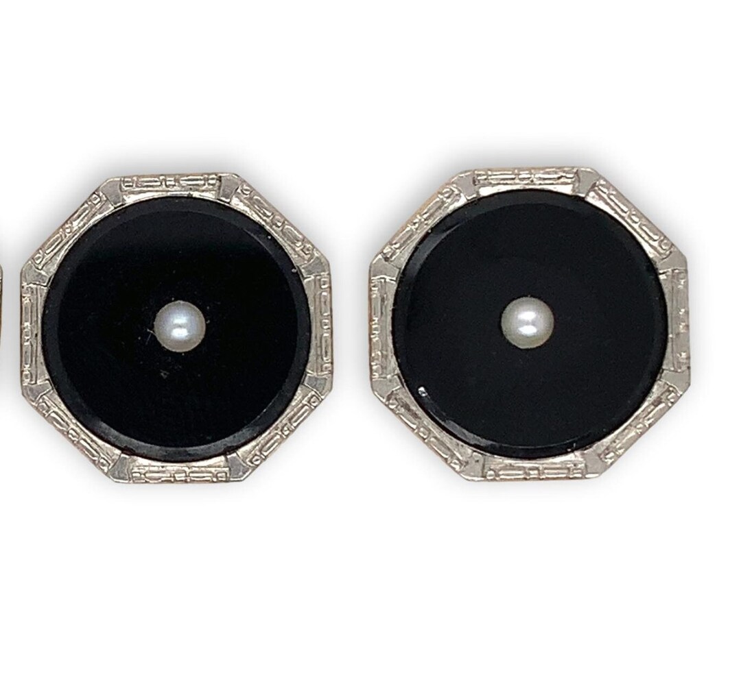 Platinum and 14k Pair of Black Onyx and Pearl Men's Cufflinks W/engraving #J6873 - Etsy