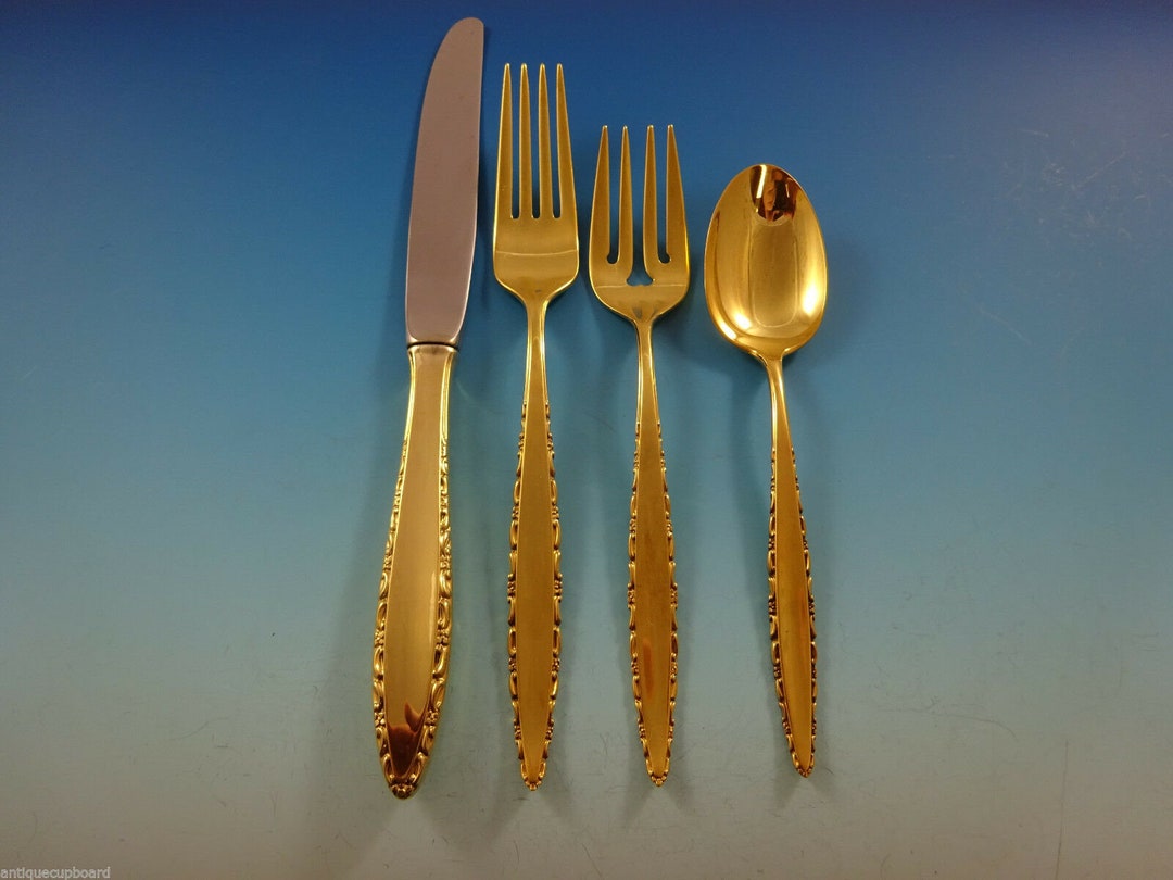 Lace Point Gold by Lunt Sterling Silver Flatware Set for 12 Service 48 ...