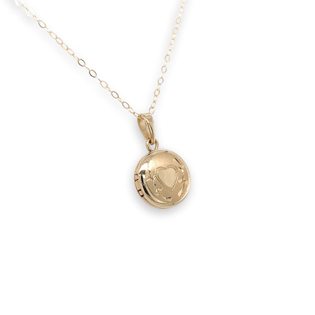 14k Yellow Gold Very Small Round Locket With Engraved Heart and Chain ...