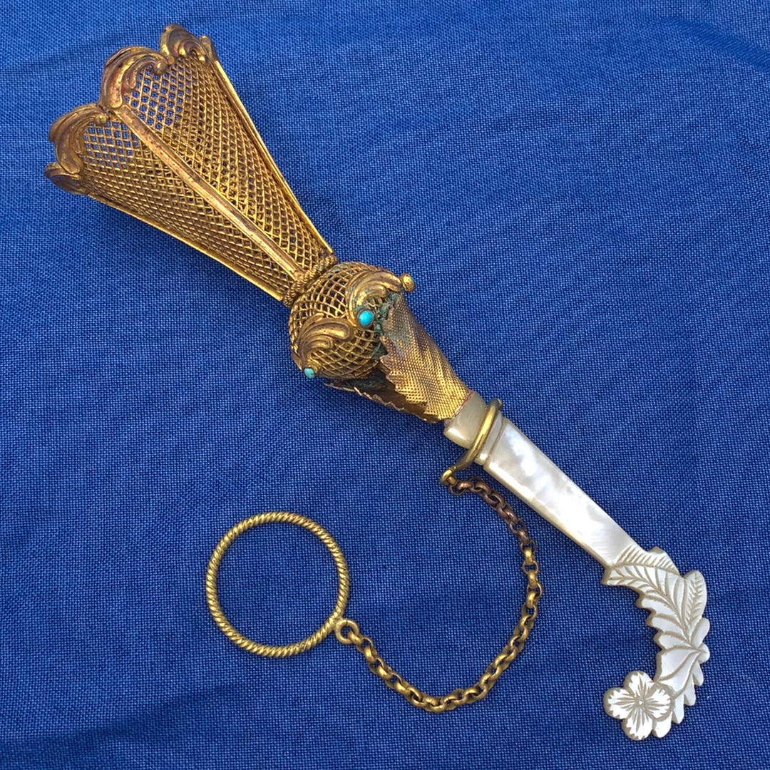 Gilt Tussie Mussie W/ Mesh Cup Mother of Pearl Shell Handle and ...