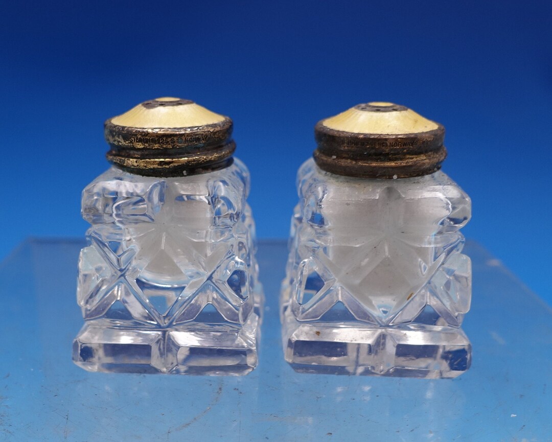 Norwegian Sterling Silver Glass Salt Pepper Shaker Set Yellow Enamel ...
