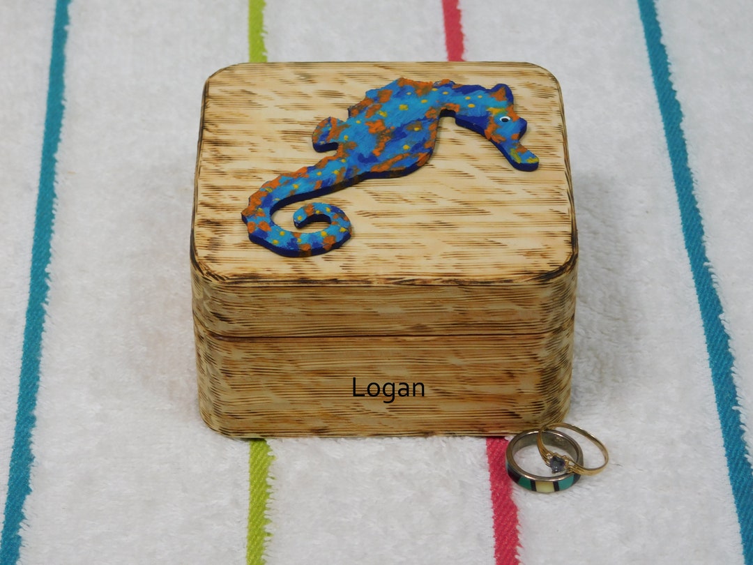 Seahorse Wood Jewelry Box, Keepsake Box Blue Orange Yellow Turquoise ...