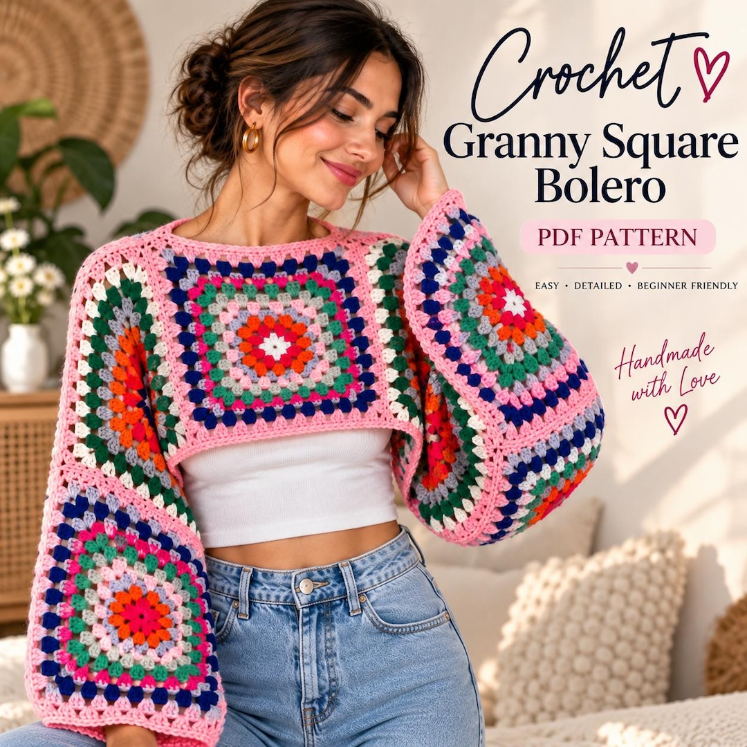 Crochet Granny Square Bolero Pattern, Colorful Oversized Sleeves (PDF ...