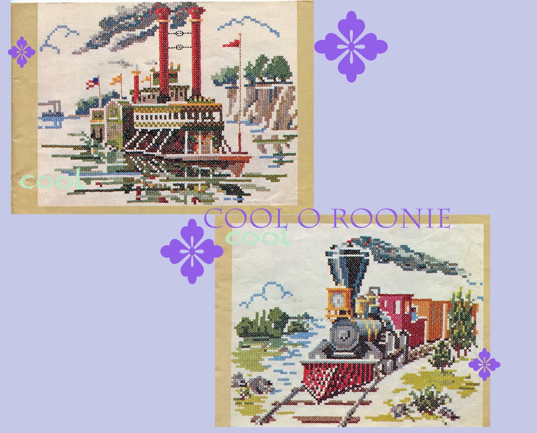 Vintage Cross Stitch Patterns Mississippi Steamboat & Railroad Engine ...